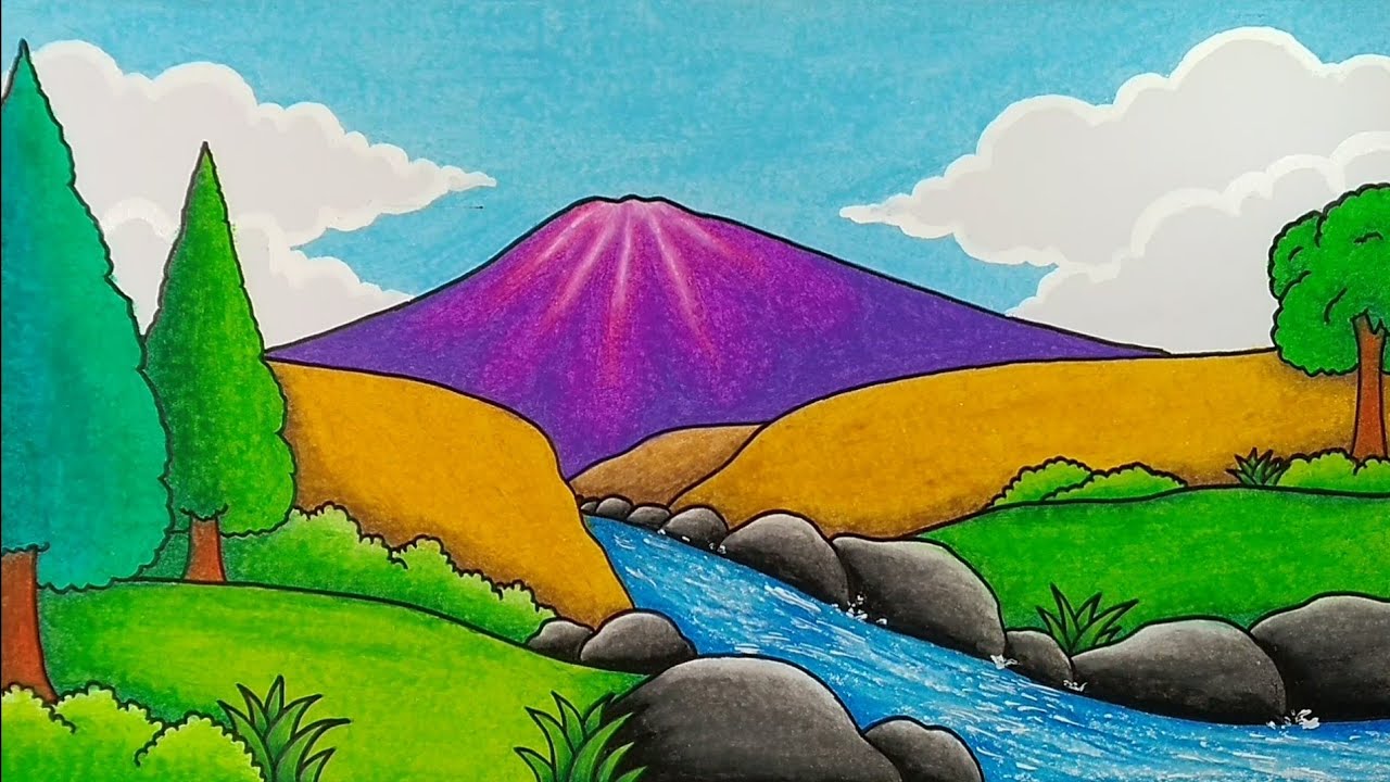Lukisan Pemandangan Gunung Dengan Crayon Cara Menggambar Dan Mewarnai