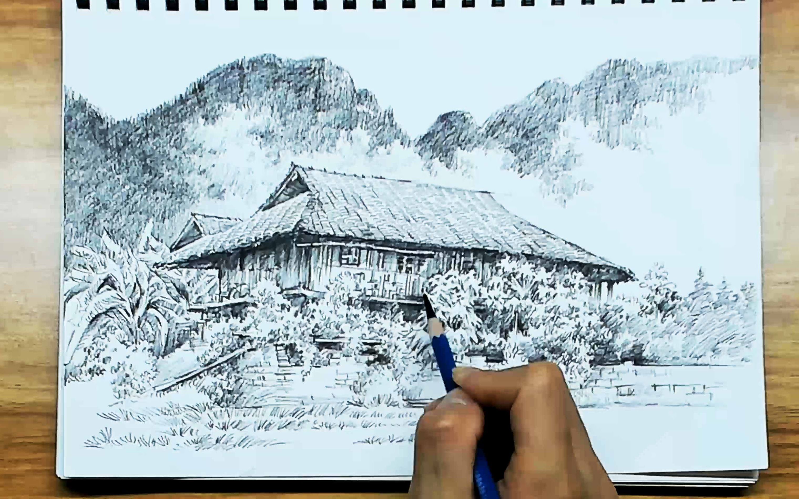Sketsa Lukisan Pemandangan Gunung